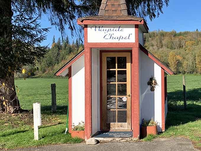 The crisp autumn air and rolling green hills create a picture-perfect backdrop for this beloved little chapel.