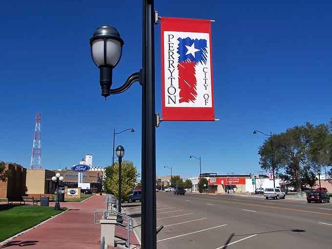 That red, white, and blue Perryton banner means business, proudly announcing a Texas town worth knowing.
