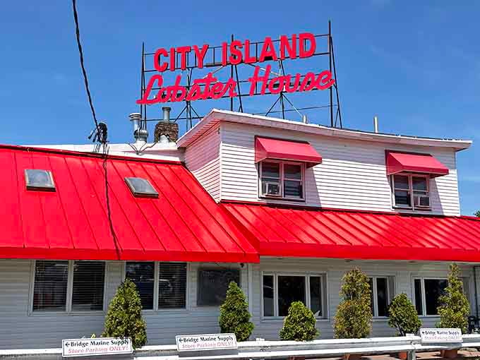 That red roof and neon sign aren't subtle, and honestly, thank goodness for that.