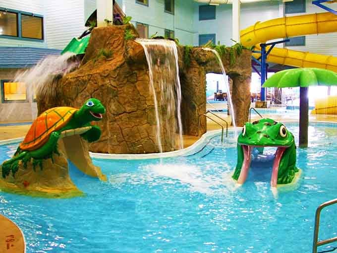 The frog slide and turtle slide rule this indoor kingdom, where warm water and big smiles are always guaranteed.