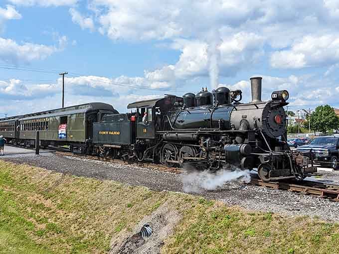 Steam, steel, and pure Pennsylvania magic. The Everett Railroad's locomotive sits ready, breathing like it means business.