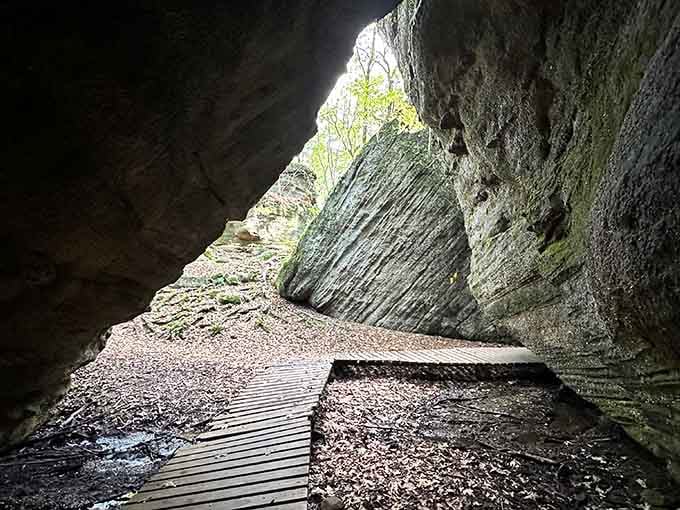 Ancient sandstone walls rise like nature's own skyscrapers, reminding you that Ohio never needed an architect.