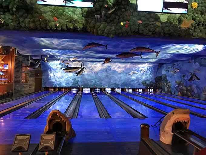 Even the fish are watching your form as you roll toward those pins down there.