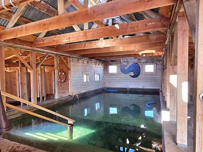 The indoor bathhouse at Summer Lake Hot Springs, where mineral-rich water meets rustic charm in perfect harmony.