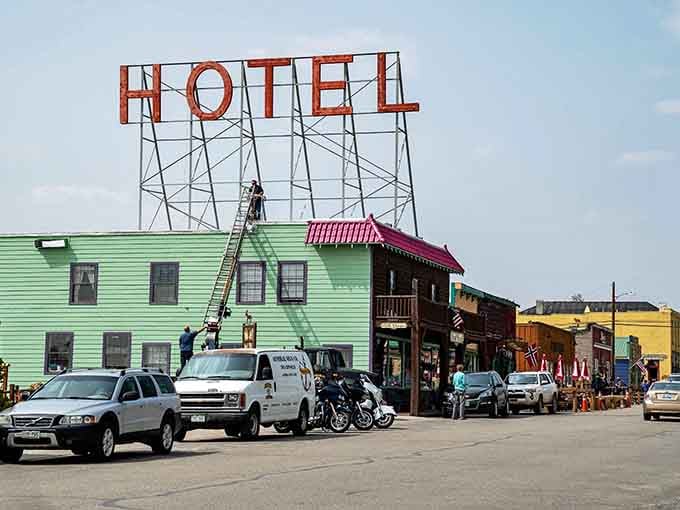 The Hand Hotel's bright green exterior isn't subtle, but at nearly 10,000 feet elevation, subtlety takes a backseat.