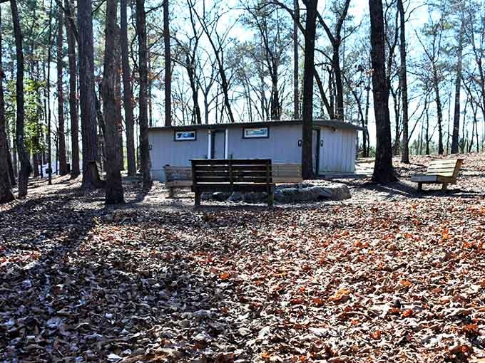 Tucked among tall pines and a blanket of autumn leaves, this cozy cabin quietly says, "You needed this."