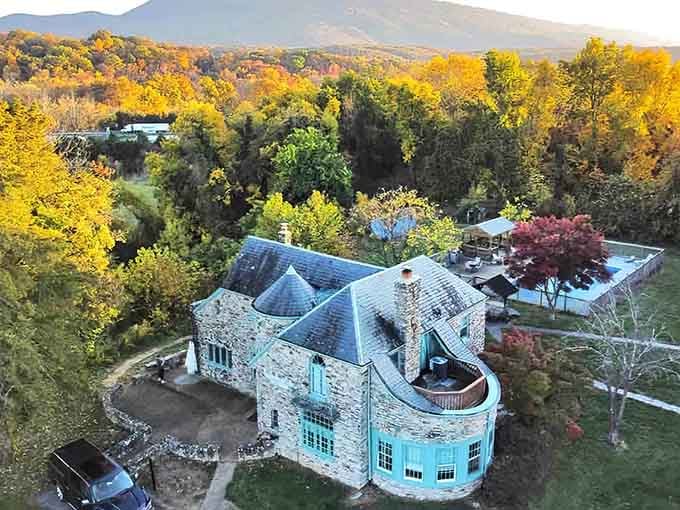 Stone turrets rising from Virginia countryside like someone's medieval fever dream finally came true and got a mortgage.