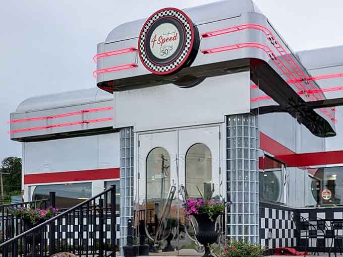 Chrome, red stripes, and pure American charm. This diner exterior means serious business, Lawrenceburg style.