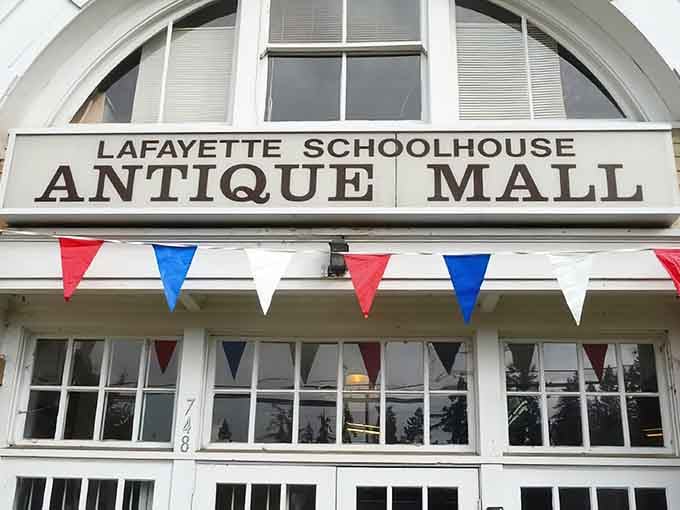 Red, white, and blue bunting on a historic schoolhouse sign? This place celebrates America's treasures literally.