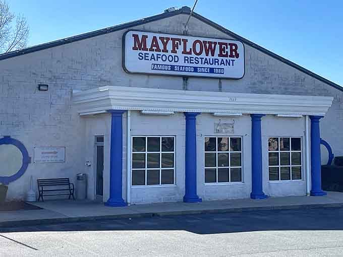 Those bold blue columns make Mayflower Seafood Restaurant look like the most delicious landmark in all of Burlington, North Carolina!