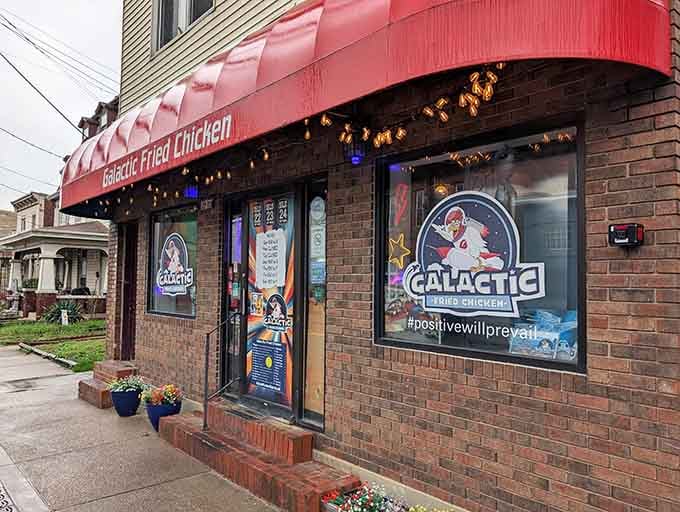 That bright red awning isn't just decoration, it's a beacon calling fried chicken lovers home to paradise.