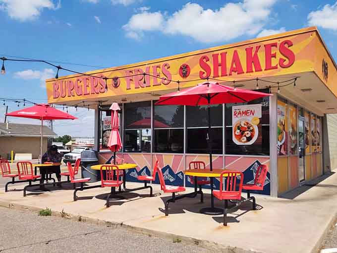Bold colors, mountain murals, and string lights. Big Sky Burger's exterior tells you exactly what kind of meal awaits inside.