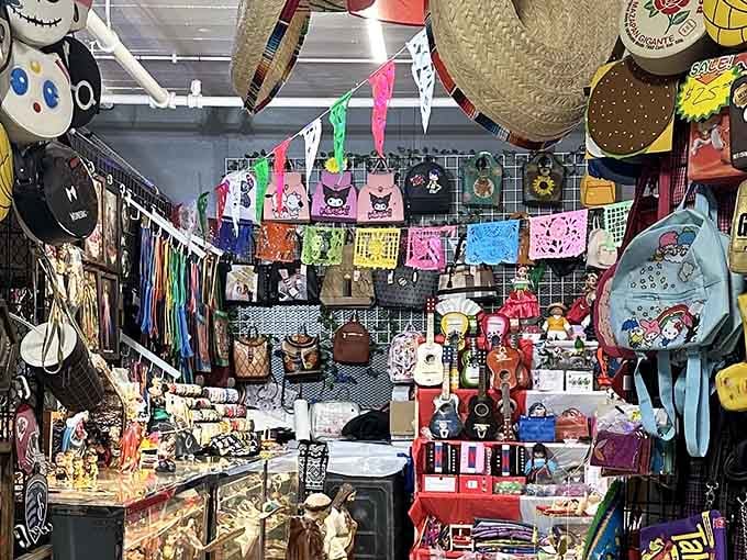 Colorful bags, papel picado banners, and tiny guitars make this vendor stall an absolute feast for the eyes.