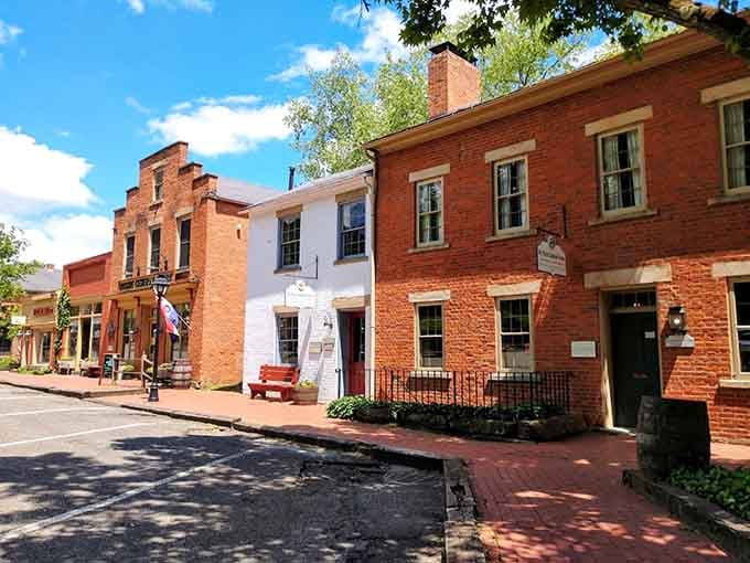Red brick, blue skies, and a street that makes you forget what century you're in.