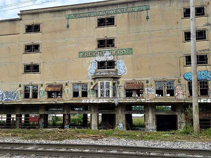 The "FREIGHT DEPOT" sign still proudly announces its purpose, like a retired athlete who can't stop wearing their letterman jacket.