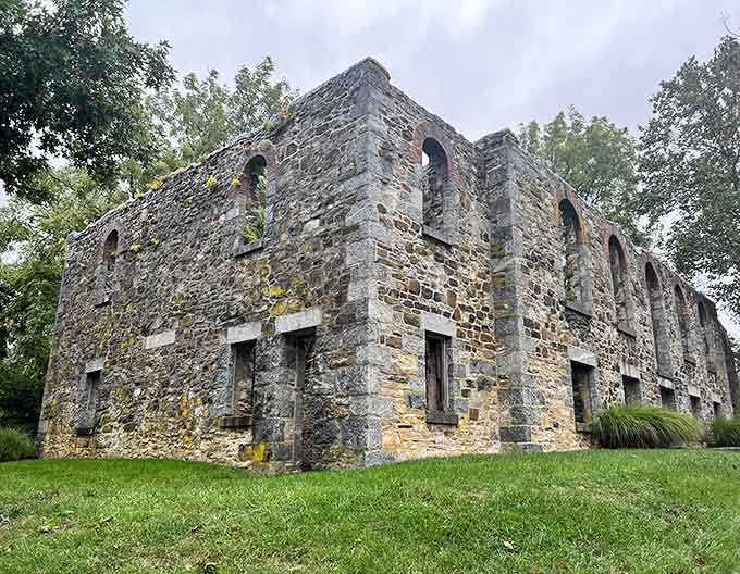 Two stories of stubborn stone walls that refused to quit, standing tall in Ellicott City like they own the place.