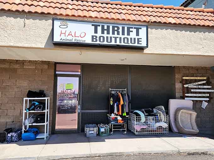 Check out the storefront of this wonderful thrift boutique, featuring outdoor racks of clothing and cozy pet beds for sale.