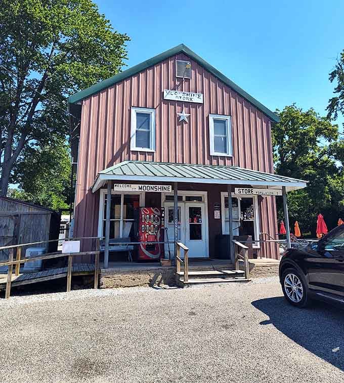 That rustic red exterior with the welcoming porch isn't just charming&mdash;it's your destination for burger greatness.