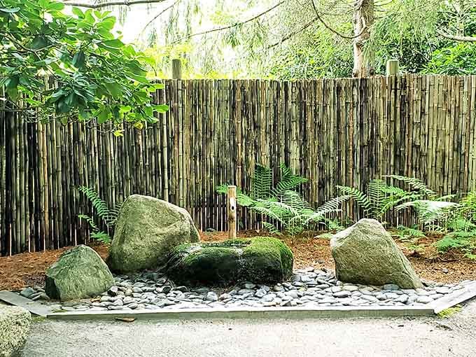 Moss-covered boulders, smooth river stones, and a bamboo fence create a peaceful little corner of Mytoi that feels worlds away!