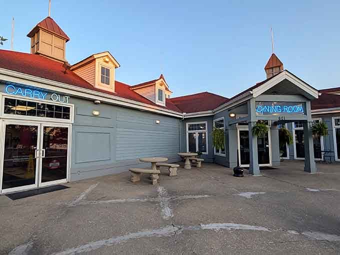 The red roof and nautical vibes promise vacation feels without the hassle of airport security lines.
