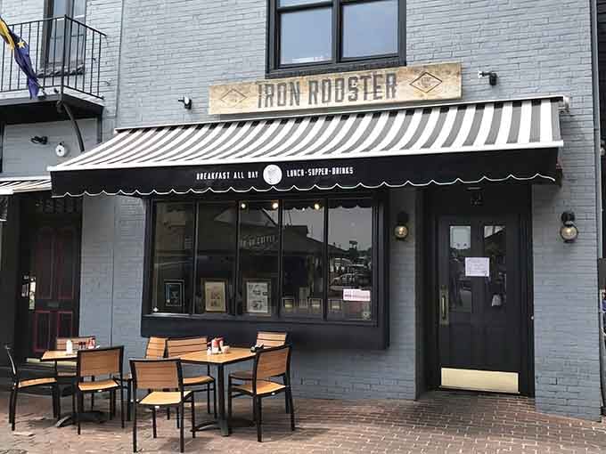 That classic striped awning beckons like a lighthouse for hungry souls seeking breakfast at any hour of day.