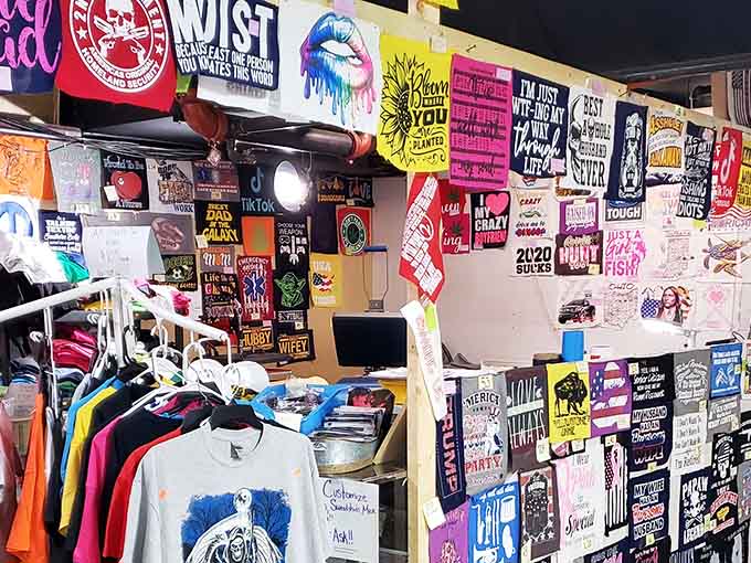 Browse through an incredible wall-to-wall collection of graphic tees, custom sweatshirts, and unique novelty items at this indoor booth.