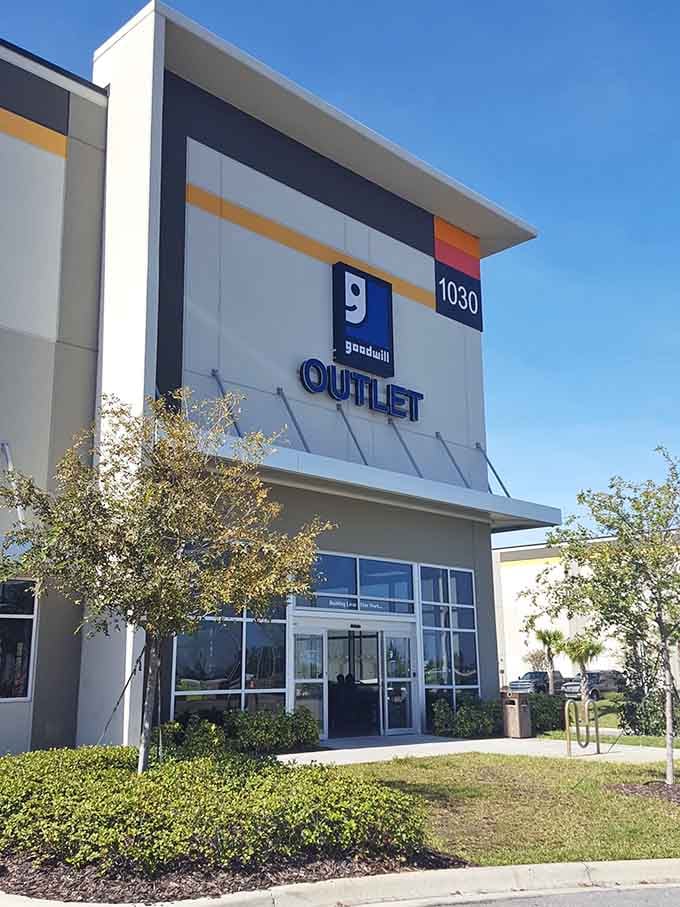 The Goodwill Outlet in Taft means business, and that big blue sign is basically a beacon for bargain hunters everywhere.