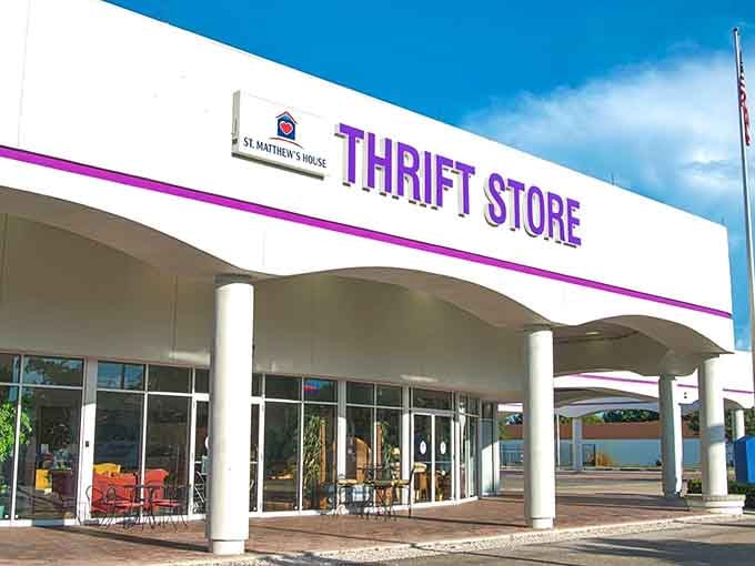 The covered entrance and classical columns give this place an elegance most thrift stores can only dream about.