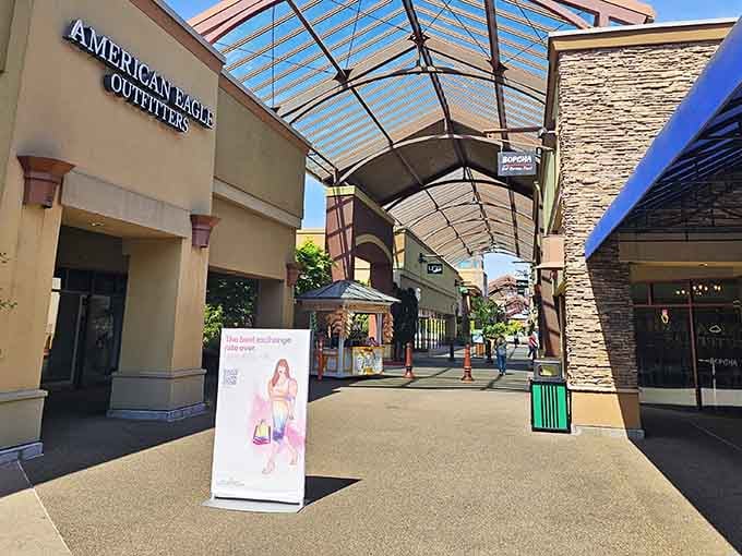 The covered walkways at Woodburn Premium Outlets make Oregon's famous rain a complete non-issue for serious shoppers.