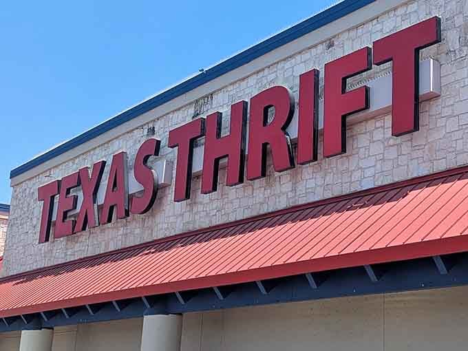 Up close, the Texas Thrift sign feels less like a store marquee and more like a personal invitation to save some serious money.