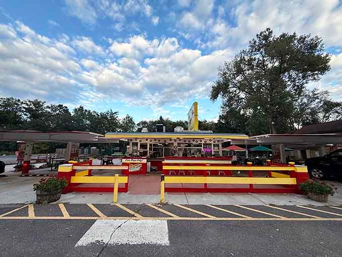 Bold red and yellow colors announce The Drive In Restaurant in Taylors Falls like a cheerful old friend waving hello.