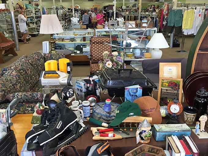 Every table tells a story here, from ice skates to vintage lamps waiting for their next chapter.