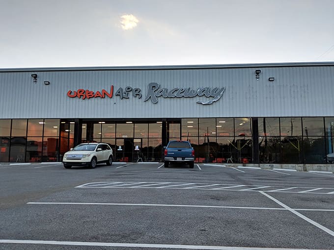 The adventure begins at this unassuming warehouse that holds more fun than should be legally allowed indoors.