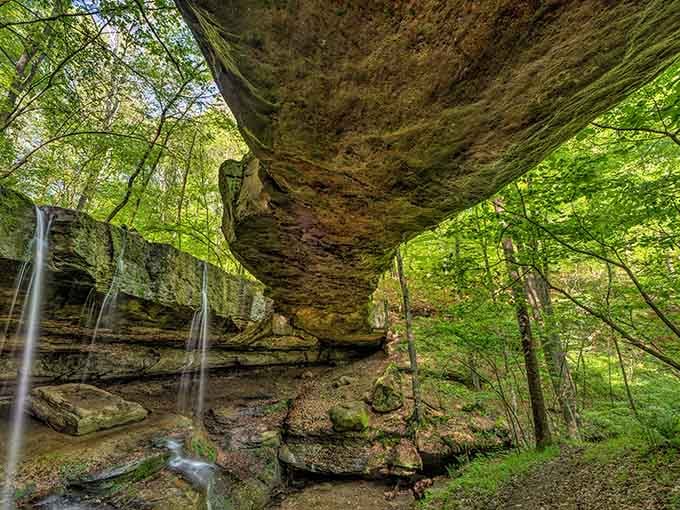 Ohio's largest natural sandstone arch towers overhead while a silky waterfall threads down beside it like nature showing off.