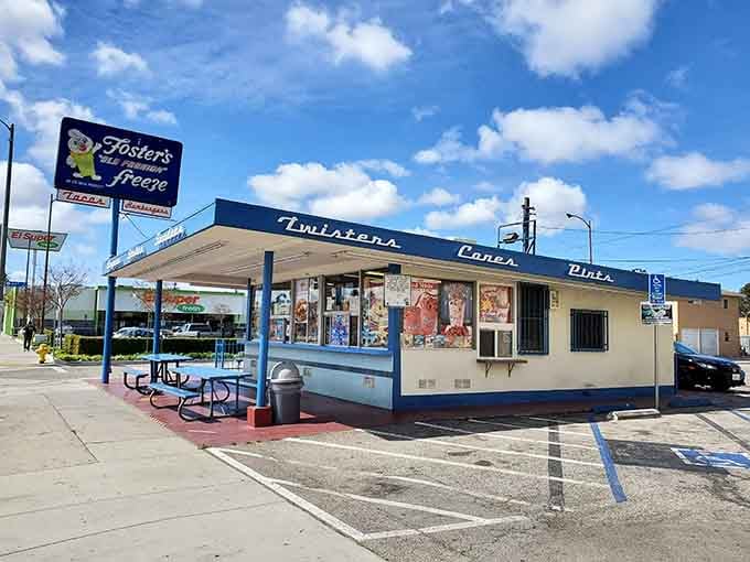 That blue and white building isn't just pretty; it's California's oldest Fosters Freeze still flipping burgers today.
