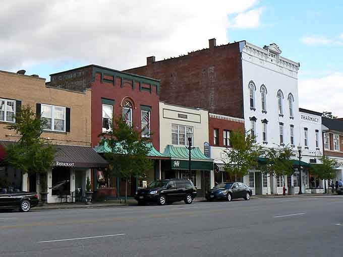 Historic storefronts and a working pharmacy sign, proof that some things are worth keeping exactly as they are.