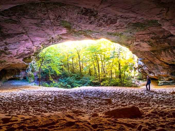 That sandy floor isn't a mirage. Sand Cave in Ewing, Virginia is genuinely this jaw-dropping in person.