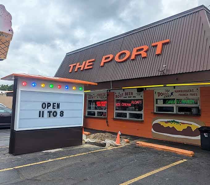 That orange exterior and bold signage aren't subtle, and honestly, they shouldn't be. The Port means business.
