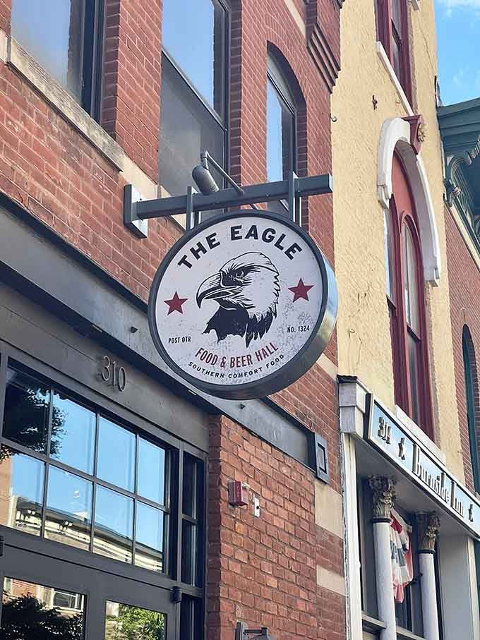 That eagle sign isn't just for show—it's a promise of Southern comfort food done right in downtown Indianapolis.