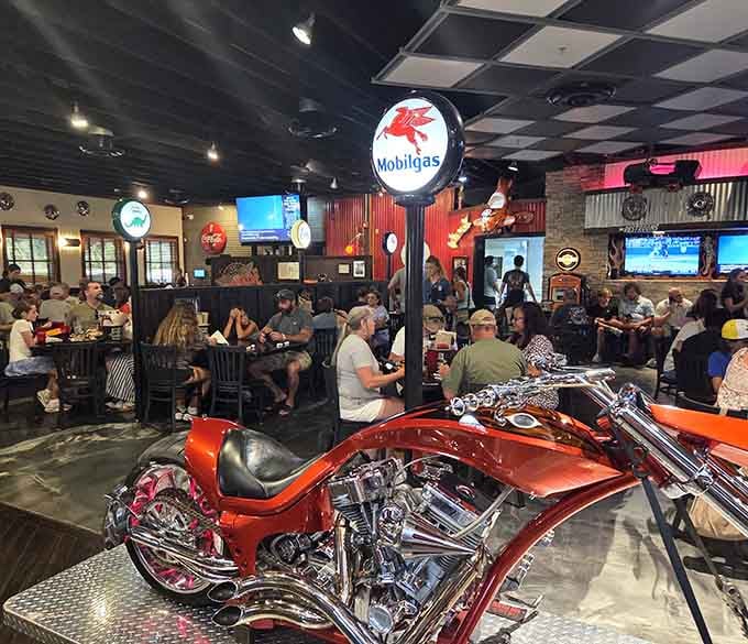 Good food, great company, and a gorgeous custom chopper inside. The Wicked Wheel knows exactly how to set the mood for a fantastic meal!