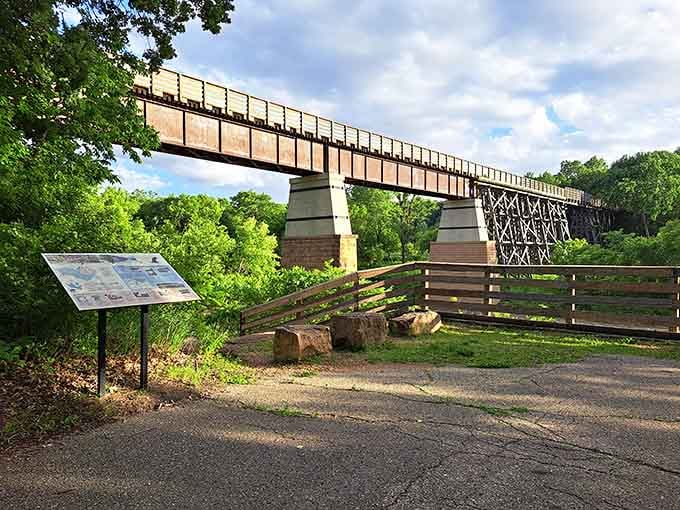 This historic bridge stands proud over the Blue Earth River, ready for your next adventure across time.