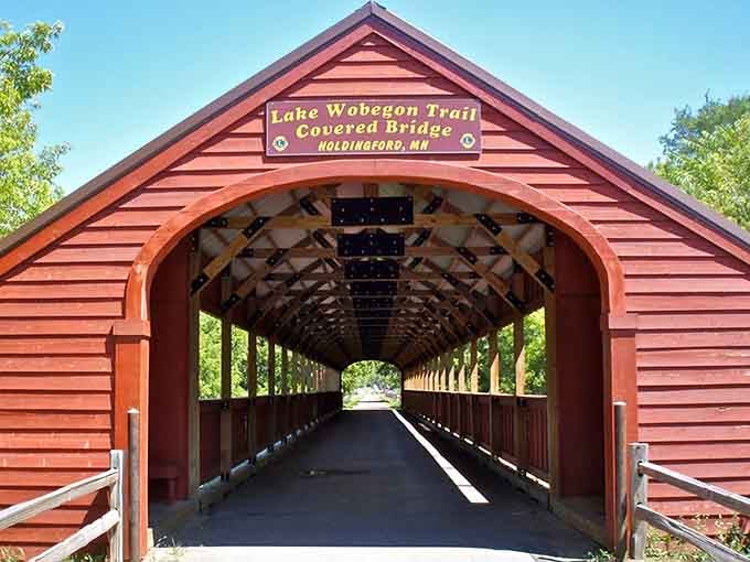 That barn-red entrance isn't just a bridge, it's Minnesota saying, "You're welcome."