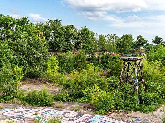 Nature's patient takeover meets human creativity in this forgotten corner of Kansas City's urban landscape.