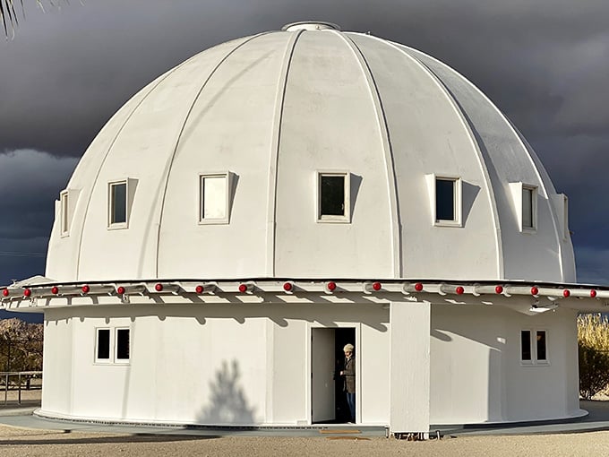 That gleaming white dome rising from the Mojave Desert floor looks like it landed there, and honestly, maybe it did.