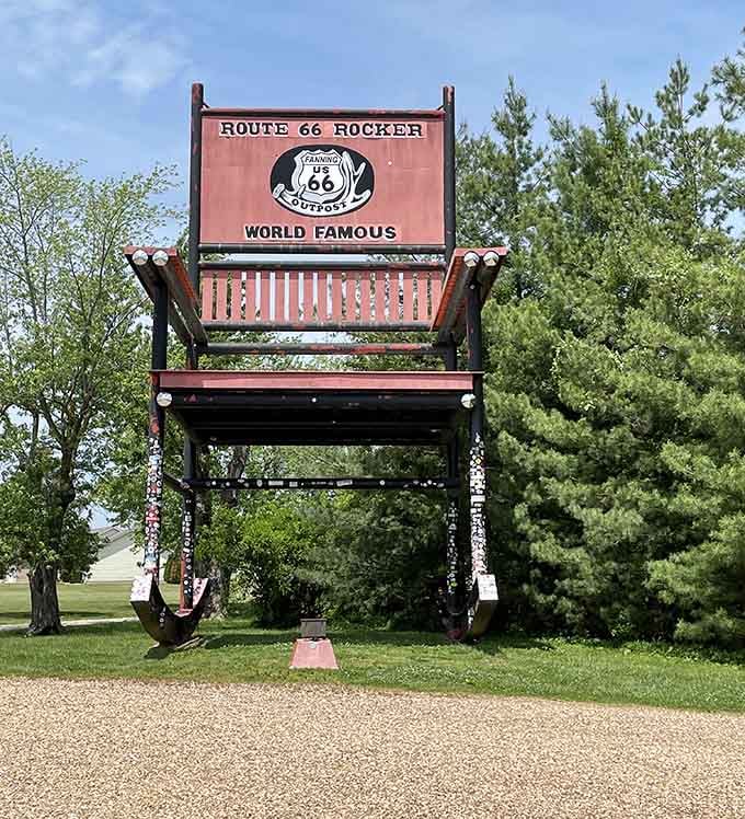 "World's Largest Rocker, Guinness Record Book" reads the sign, which is exactly the kind of sentence that makes road trips worth taking.