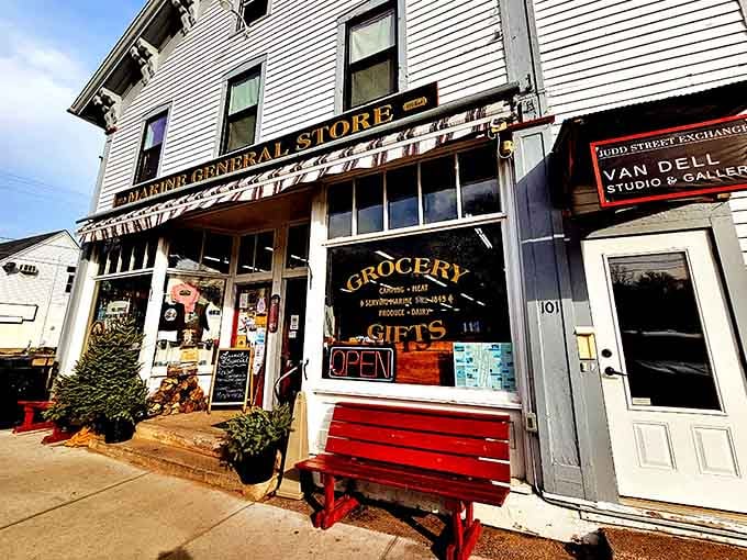 The Marine General Store's window says it all: grocery, gifts, and over 175 years of showing up.