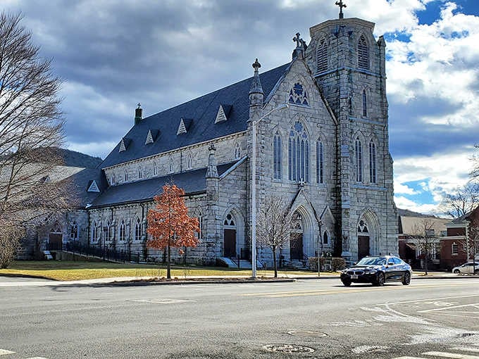 That Gothic stone church isn't a movie set. Great Barrington just looks this good on an ordinary Tuesday.