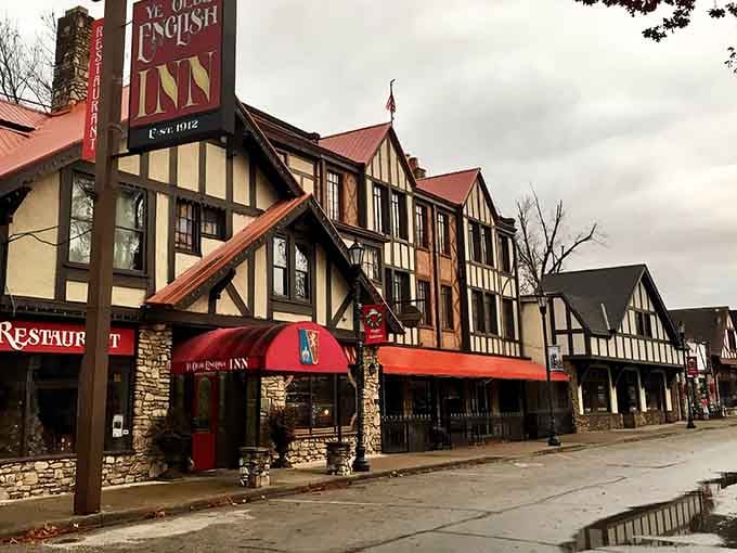 Rain or shine, Hollister's iconic Tudor streetscape looks like a storybook scene straight out of the English countryside!