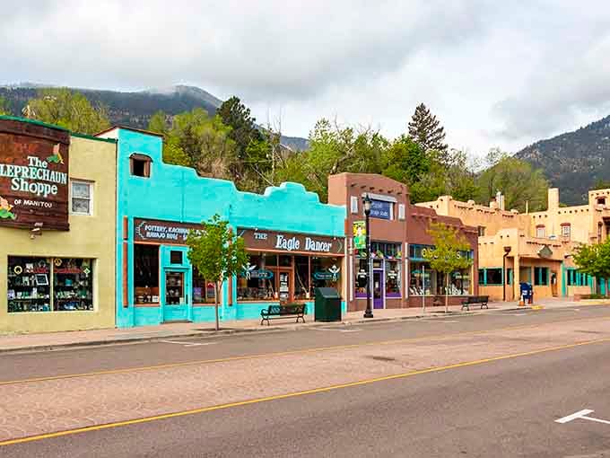 The Leprechaun Shoppe, The Eagle Dancer, pottery, kachinas, and banjo wire. Only in Manitou Springs does this block make perfect sense.