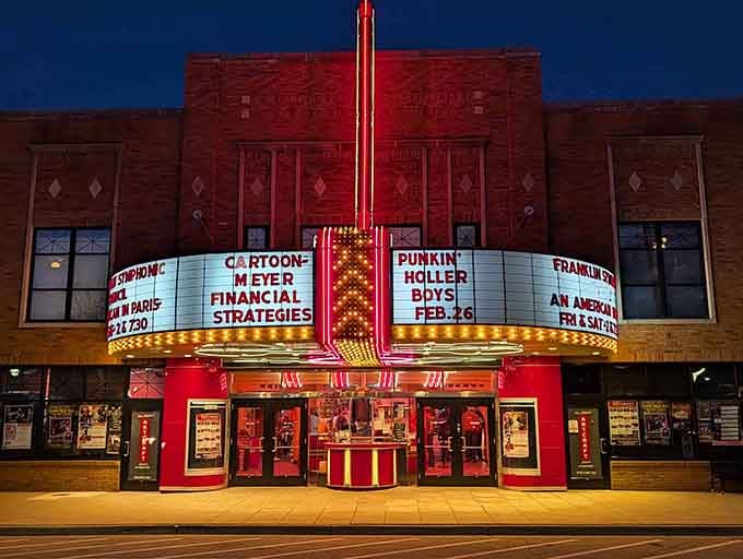 That glowing red marquee on Main Street, Franklin, is basically Indiana's version of the Hollywood sign.